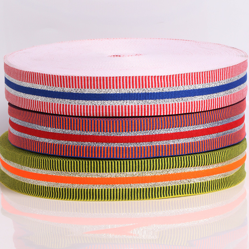 2.5CM Mélange Striped Polyester Ribbon with Gold & Silver Metallic Yarn ...